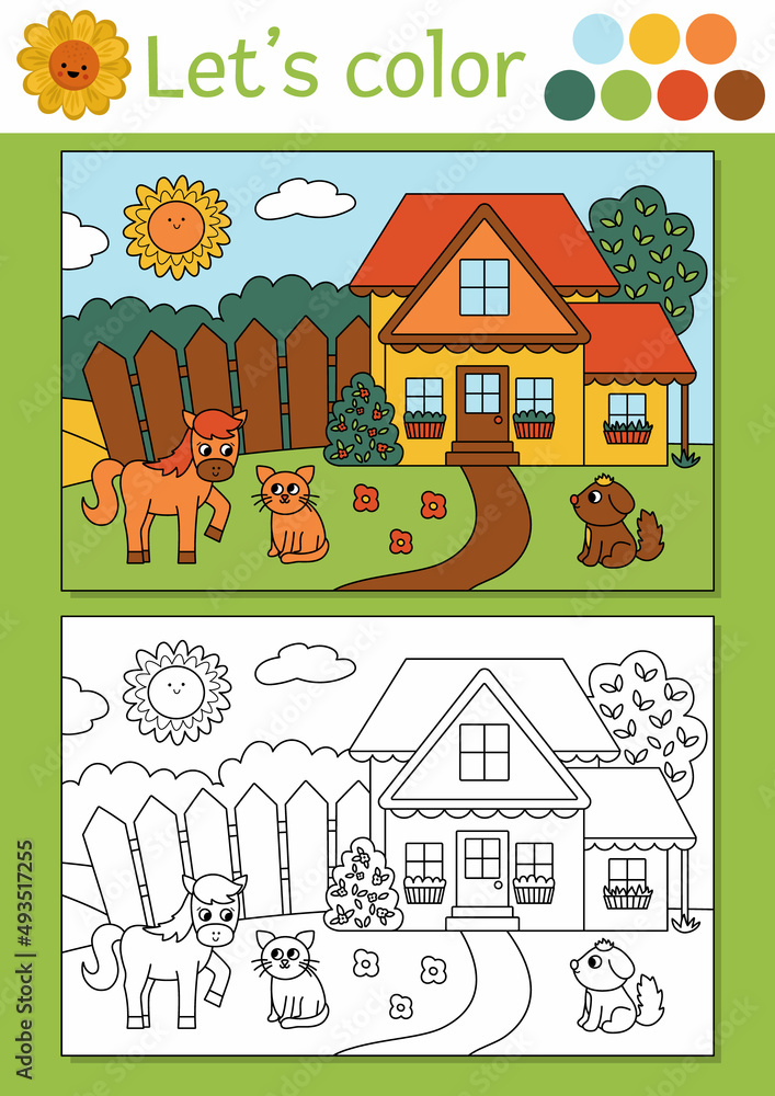 On the farm coloring page for children with rural country landscape ...