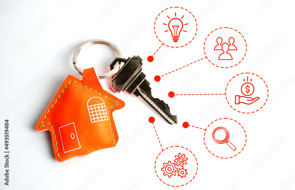 house keys on white background with icons ideas, cash, cogs, magnifying ...