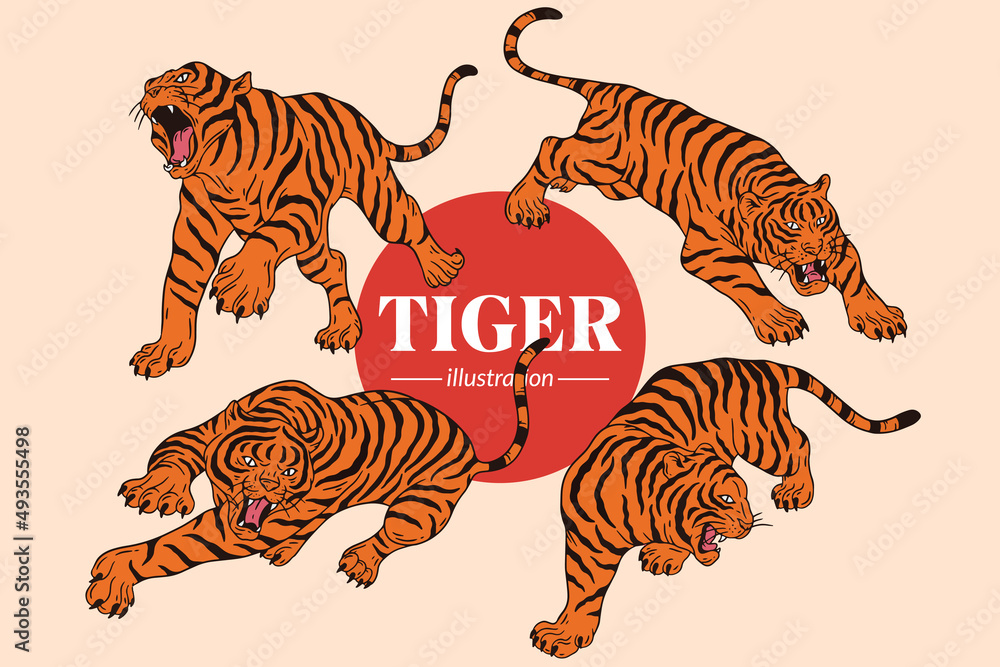 Set Tiger face wild poses isolated cartoon illustration Stock Vector ...
