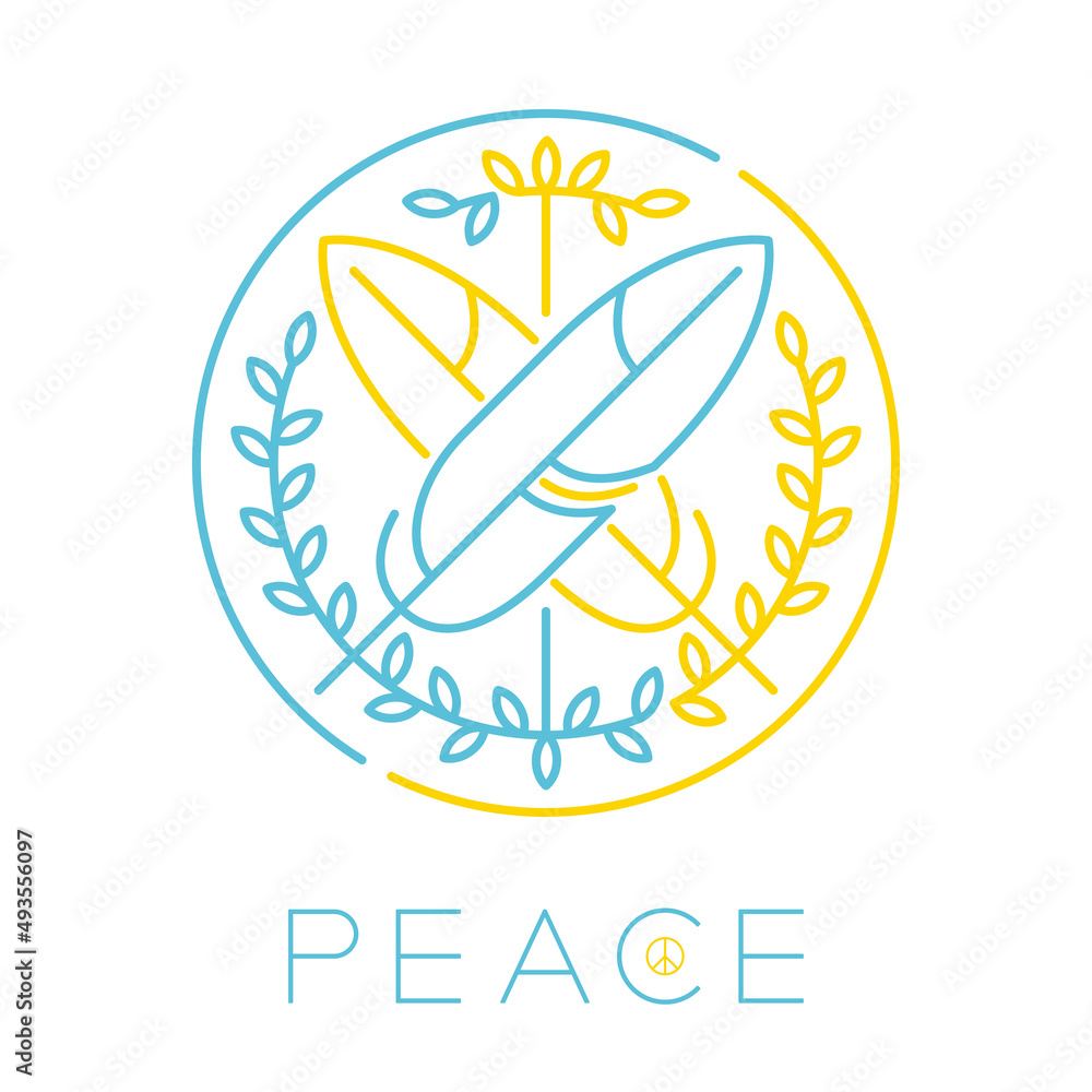 Logo Peace feather dove with olive branch editable stroke blue and ...