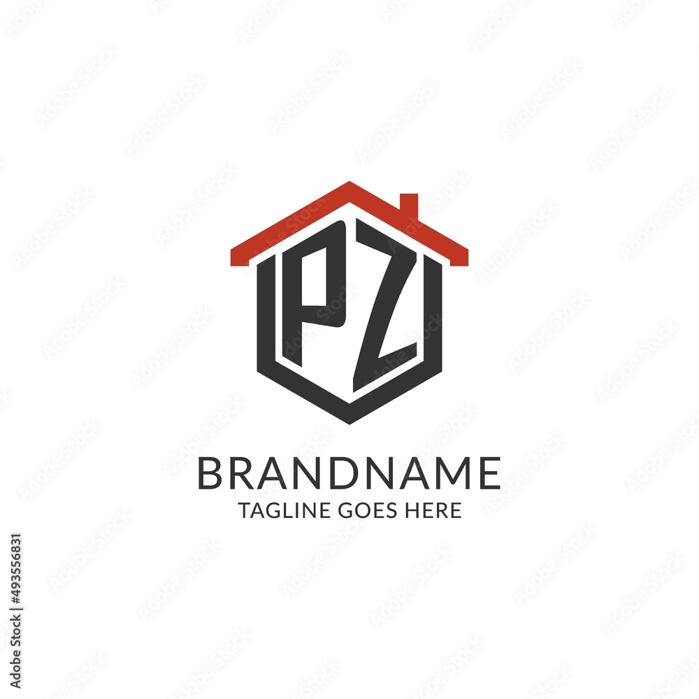 Initial logo PZ monogram with home roof hexagon shape design, simple ...