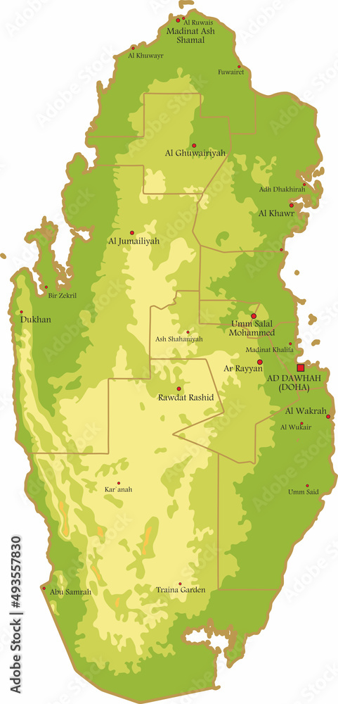 Vector color physical map of the Republic of Qatar. The territory of an ...