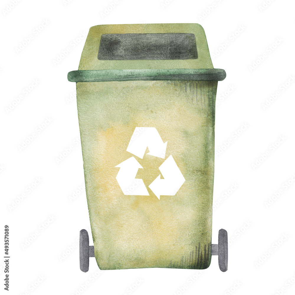 Watercolor illustration of a green trash can for recycling isolated on ...