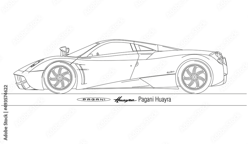 Modena, Italy, year 2022, Pagani Huayra super car silhouette outlined ...
