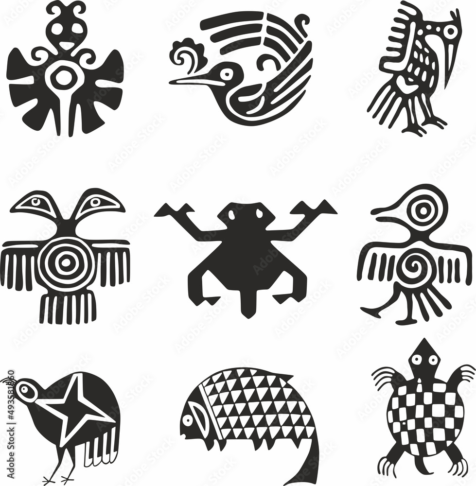 Vector monochrome set of indian symbols, native americans. Indigenous ...