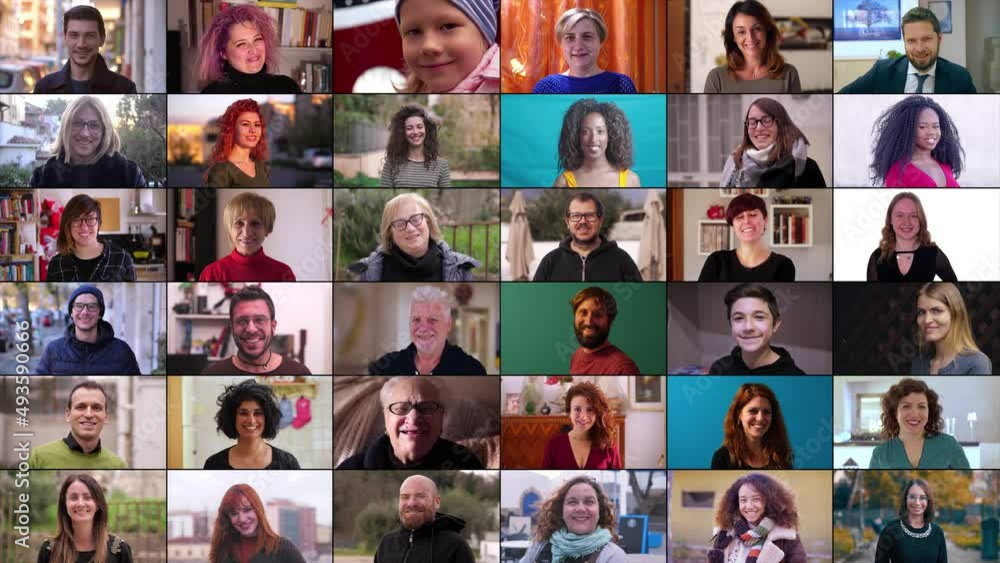 Collage or multi screen of multi-ethnic diverse people looking at the ...