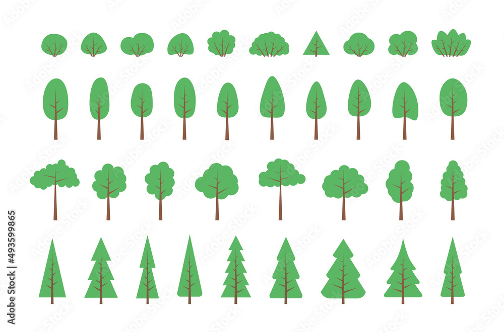 TREES. Vector set of flat trees, forest and bush. Collection elements, various green trees ...