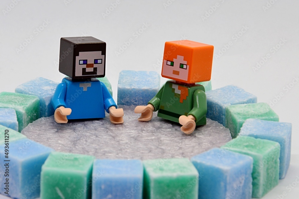 LEGO Minecraft figures of Steve and Alex bathing in lavender scenty wax ...