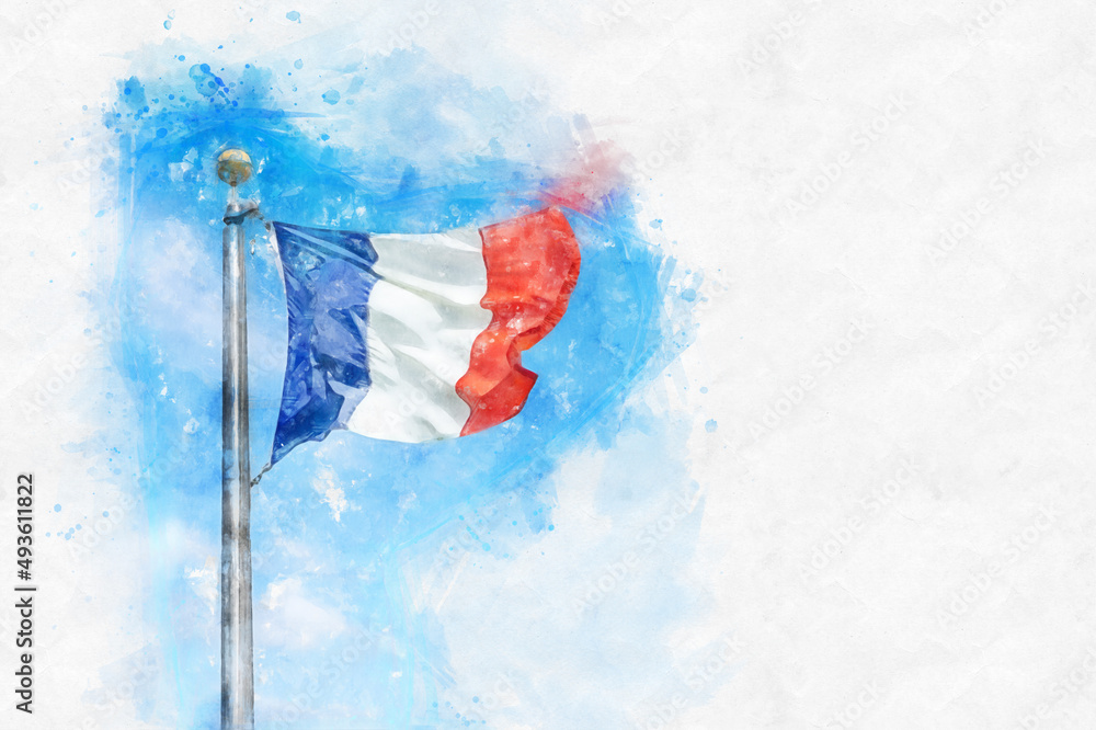 Watercolor sketch of a French flag against a blue sky background Stock ...