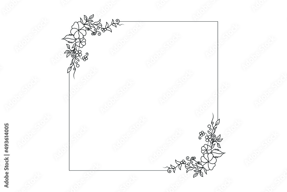 floral rectangle frame, invitation card elements, flower outline vector ...
