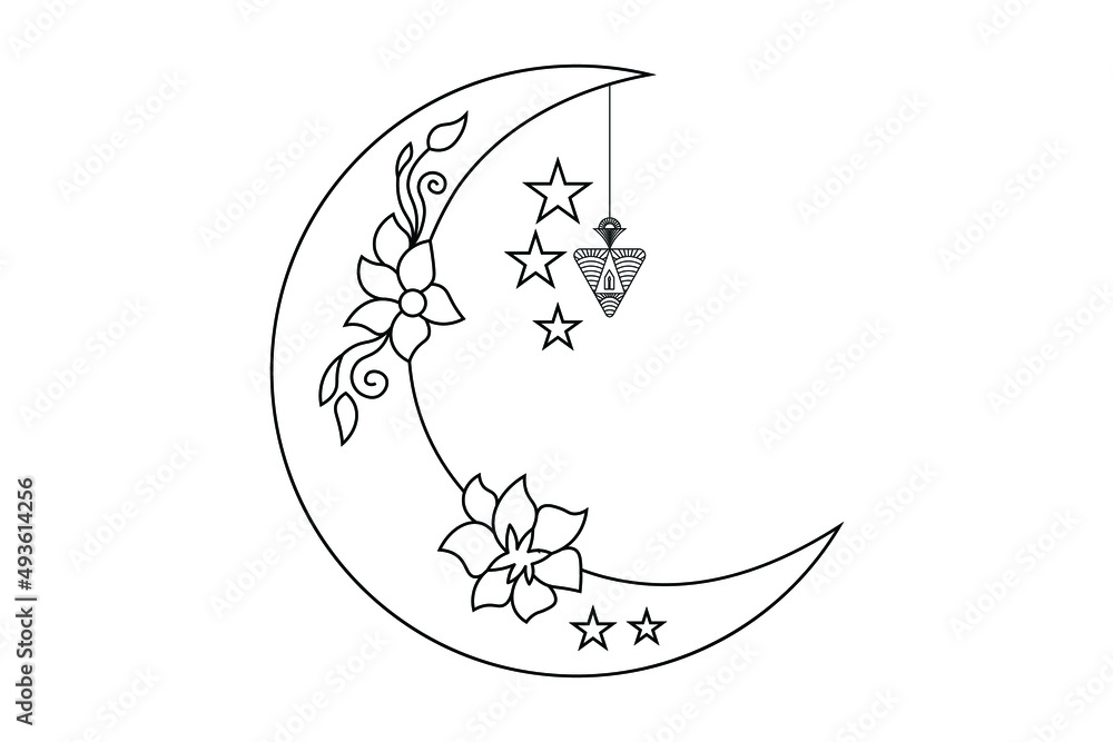 floral moon outline, moon line art drawing with flower, moon mandala ...