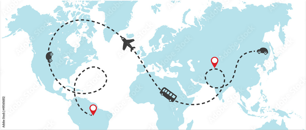 Poster World map whit dashed trace line and airplanes flying, bus ...