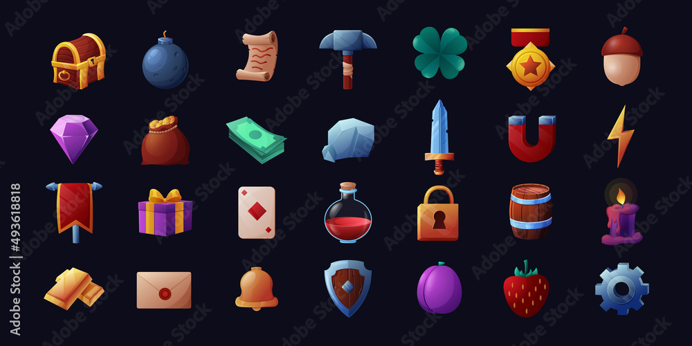 Cartoon game icons. Mobile game elements, weapon potion money trophy ...