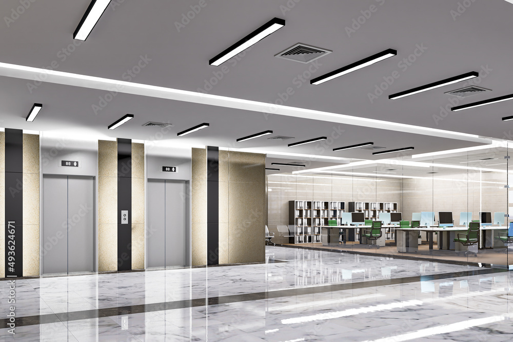 3D illustration elevator and workspace in modern office building Stock ...