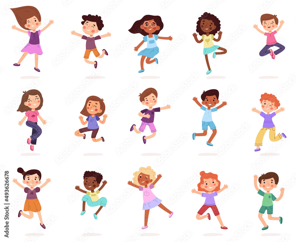 Children jumping, happy cute little cartoon kids. Excited children ...