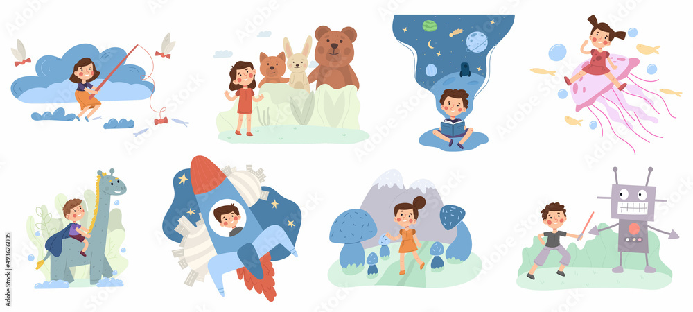 Fantasy kids world, imagination, fairy tale, magic. Childrens imaginary ...