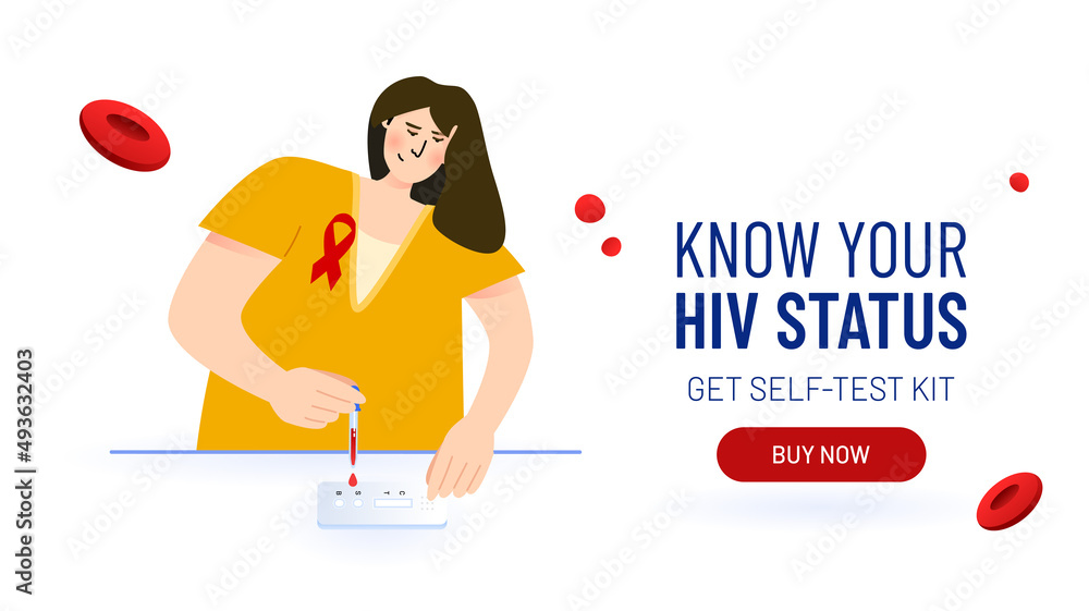 Young woman with pipette with blood for HIV self-test. Express home kit ...