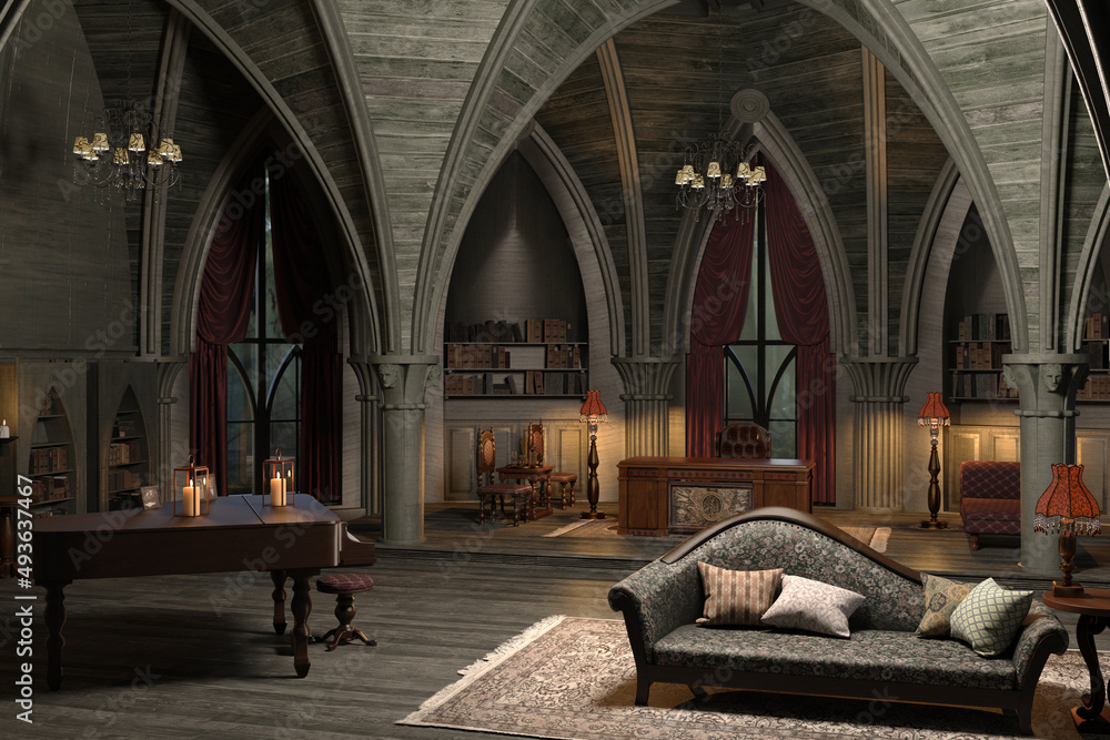 Ancient luxury gothic hall environment 3d render Stock Illustration ...