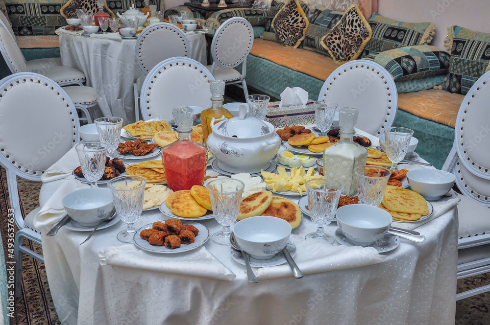 Ramadan in Morocco. Iftar food in Ramadan. Harira soup. Moroccan bread ...