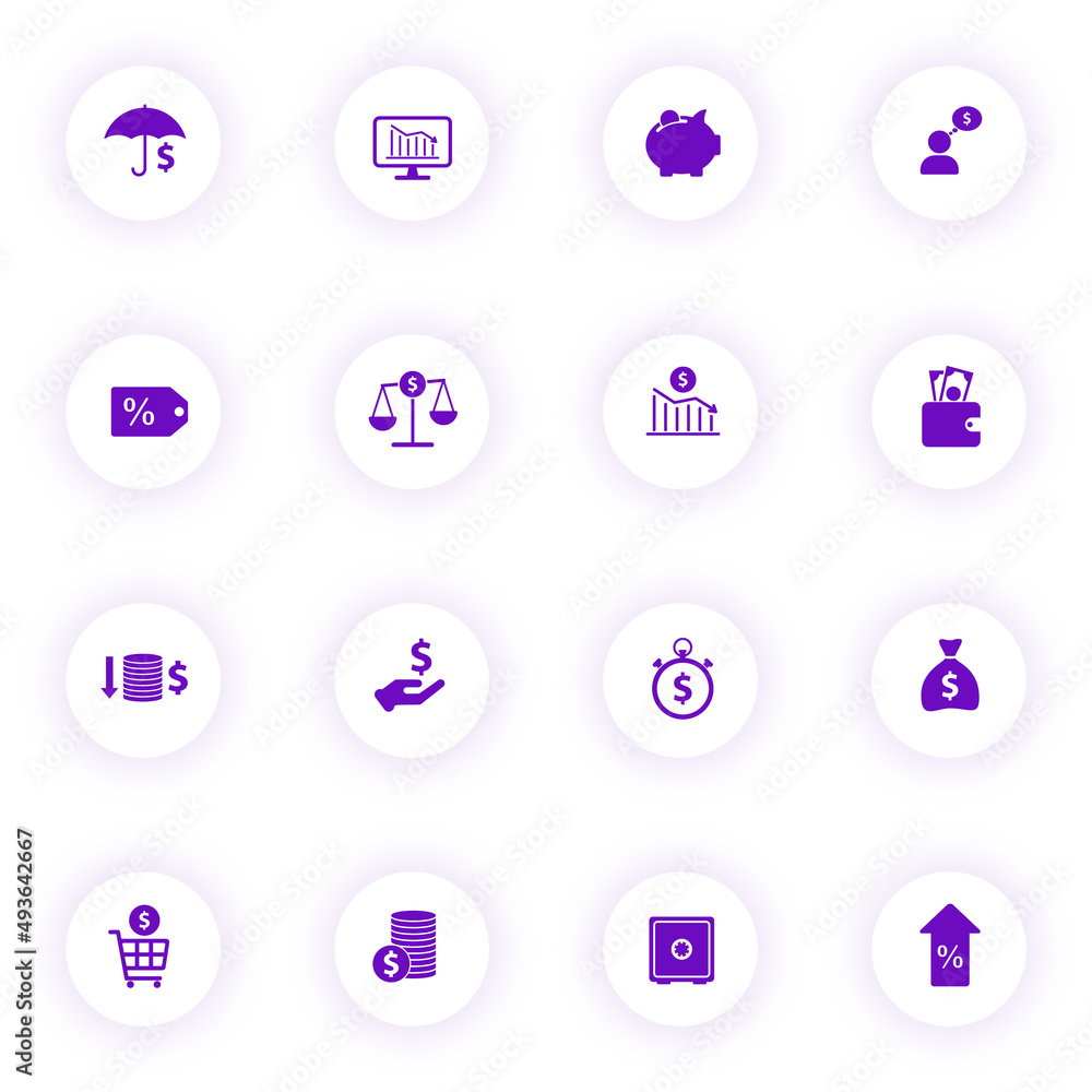 economy purple color vector icons on light round buttons with purple ...