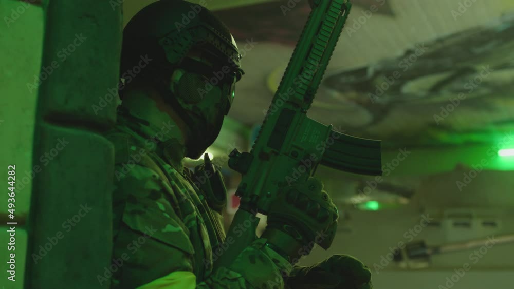 4K Close up shot of portrait of special force soldier or swat man ...