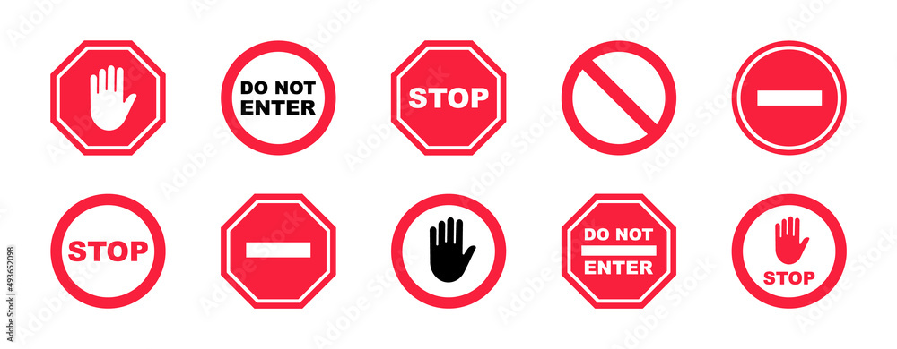 Stop sign set. Traffic stop icons. Prohibition sign collection. Do not ...