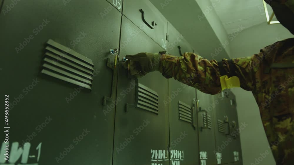 4k Close up view of green colored metallic military Locker Room ...