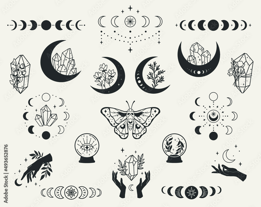 Set of mystical symbols: moon phases, crystals, witchy hands, crystal ...