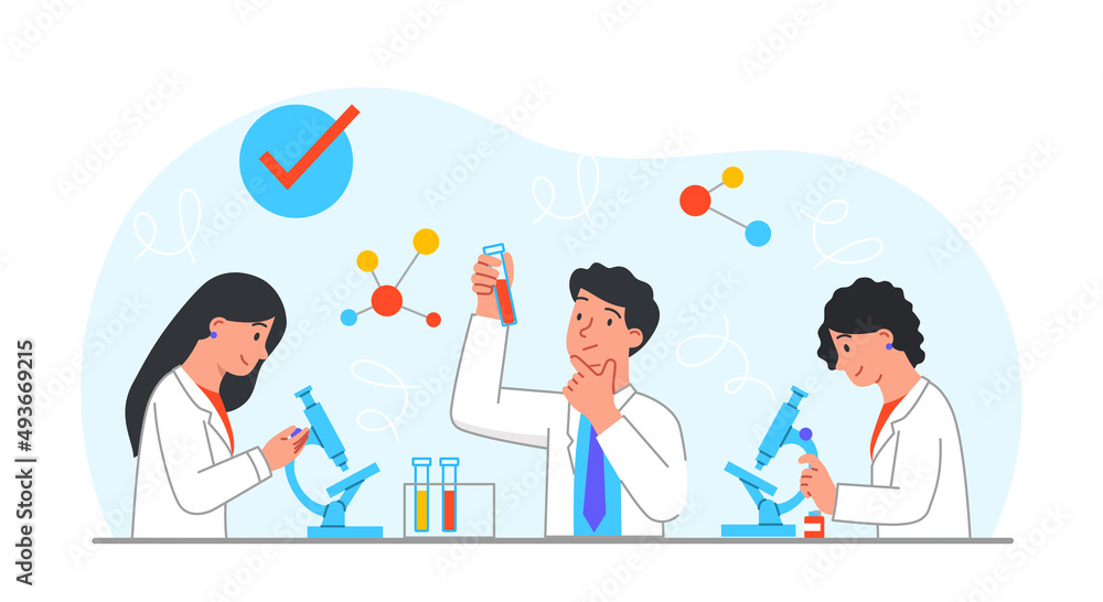 Concept of research. Men and girls work with chemicals, explore ...