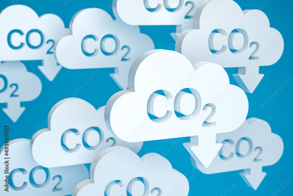 CO2 reduction concept. Cloud shaped objects with the word CO2 punched ...