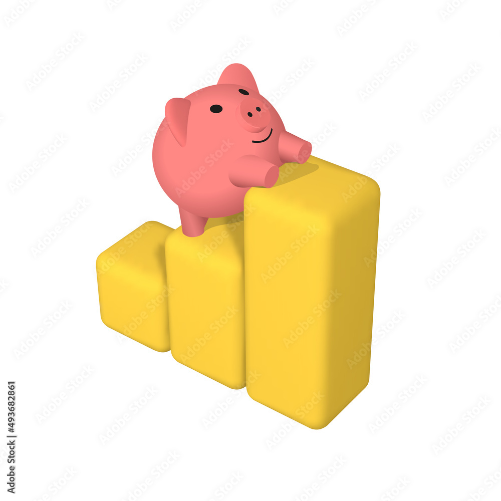 Funny pig is climbing on the graph. 3d sticker of a piggy bank with a ...