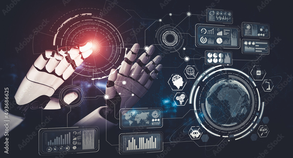 3D rendering artificial intelligence AI research of droid robot and ...