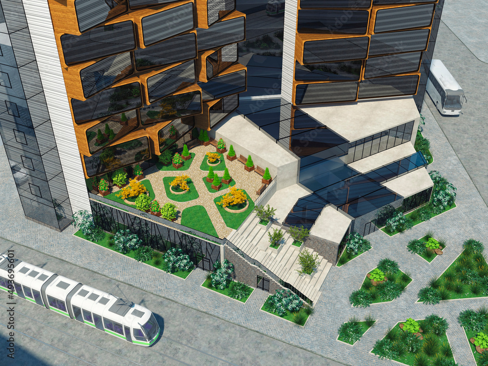 3d render. Conceptual architectural project of the hotel in the style ...