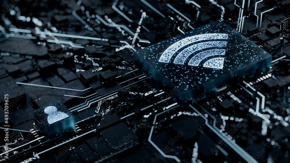Wireless Technology Concept with wifi symbol on a Microchip. White Neon ...