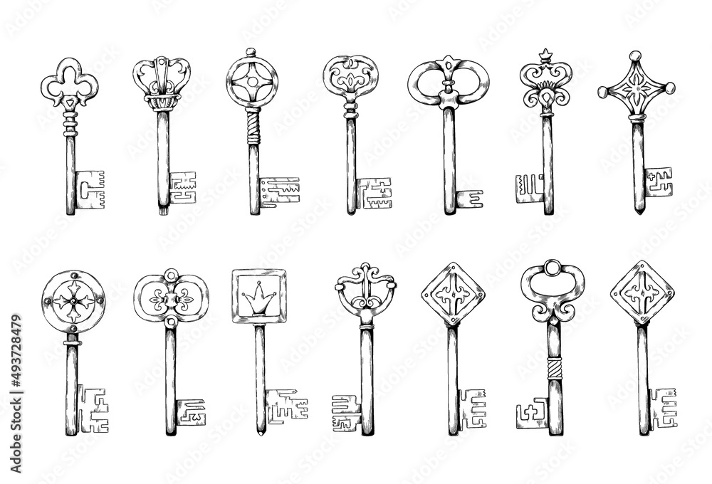 Hand drawn keys. Medieval latchkeys engraving. Vintage and antique door ...