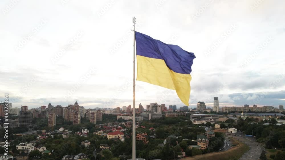 Kyiv - National flag of Ukraine by day. Aerial view. Kiev Stock Video ...