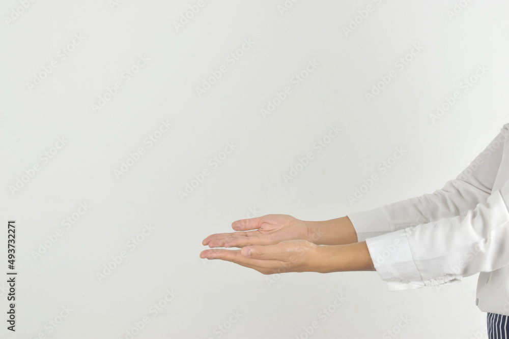 Female hand gestures on white background with copy space. Stock Photo ... Female hand gestures on white background with copy space. Stock Photo ...