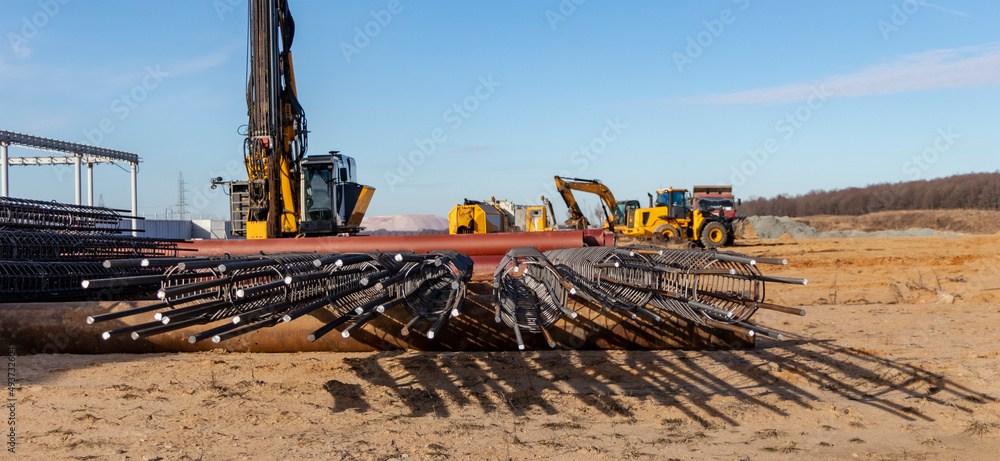 Reinforcing cages for bored piles stacked at the construction site ...