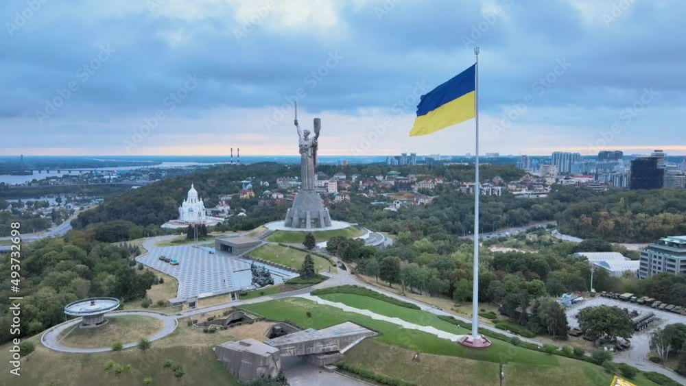 Kyiv - National flag of Ukraine by day. Aerial view. Kiev Stock Video ...