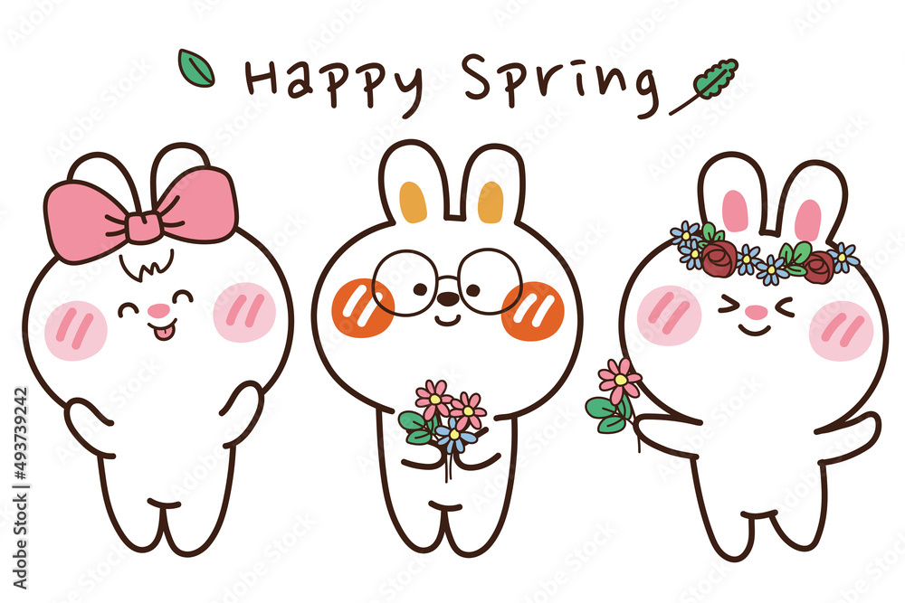 Happy Spring writing with cute rabbits cartoon character. Cute cartoon ...