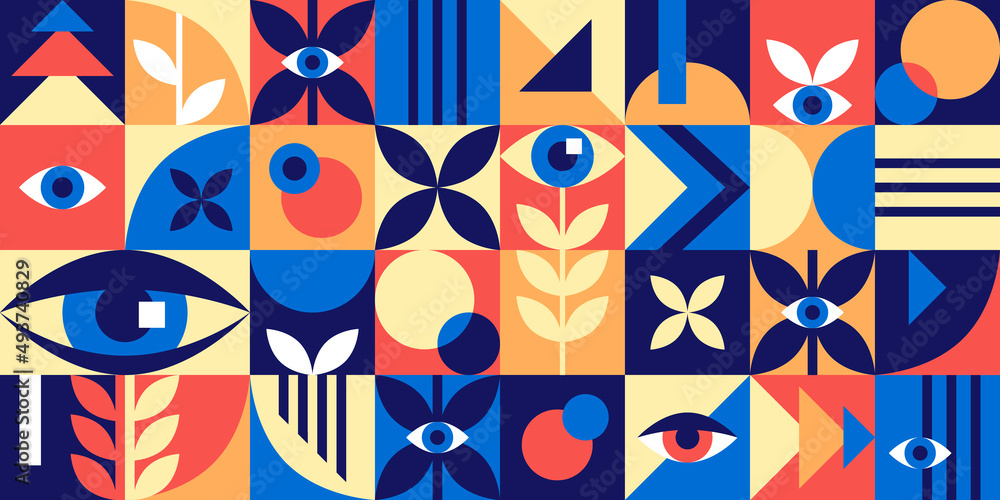 Bauhaus geometric abstract elements with eyes and simple forms. Modern ...