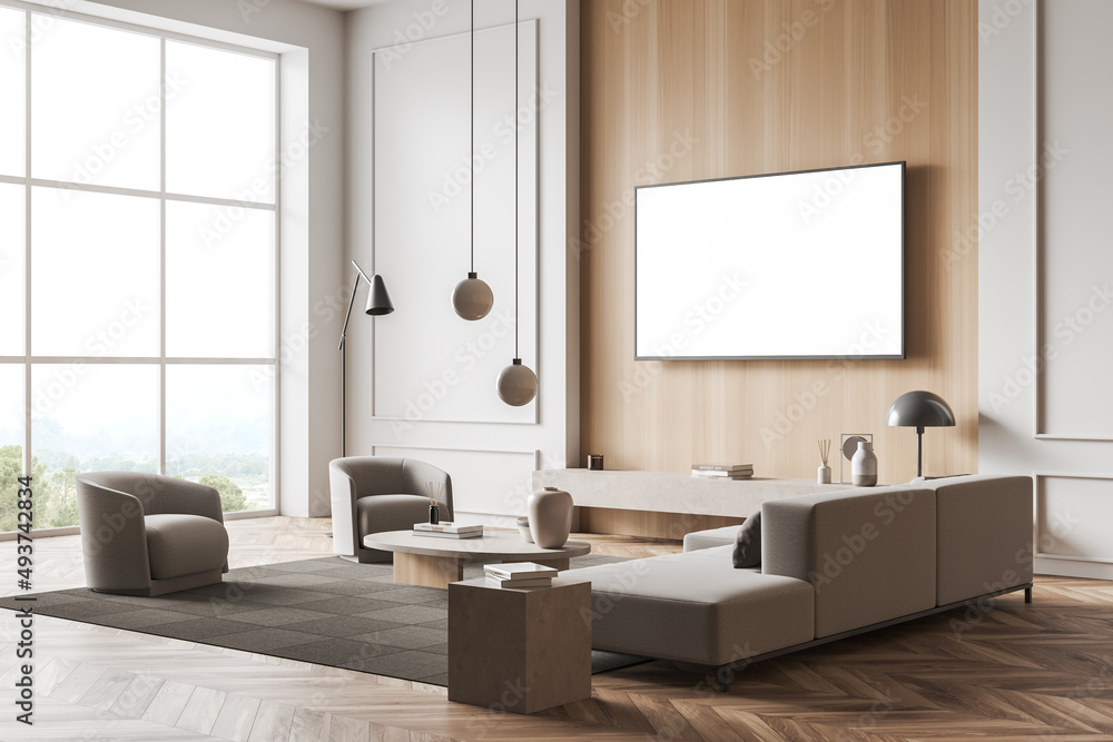 Lounge room interior with seats and tv set, panoramic window. Mockup ...