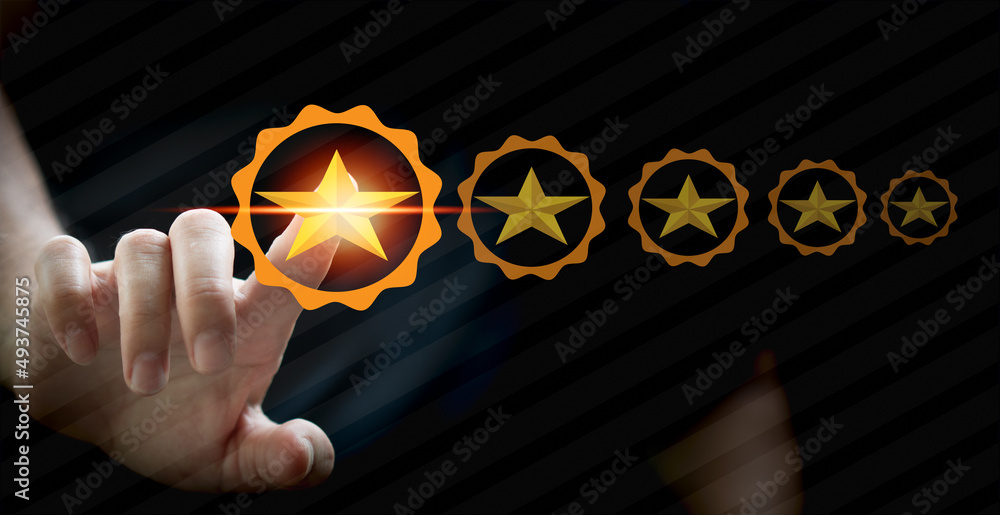 Customer satisfaction concept, 5-star satisfaction rating thumbs-up ...