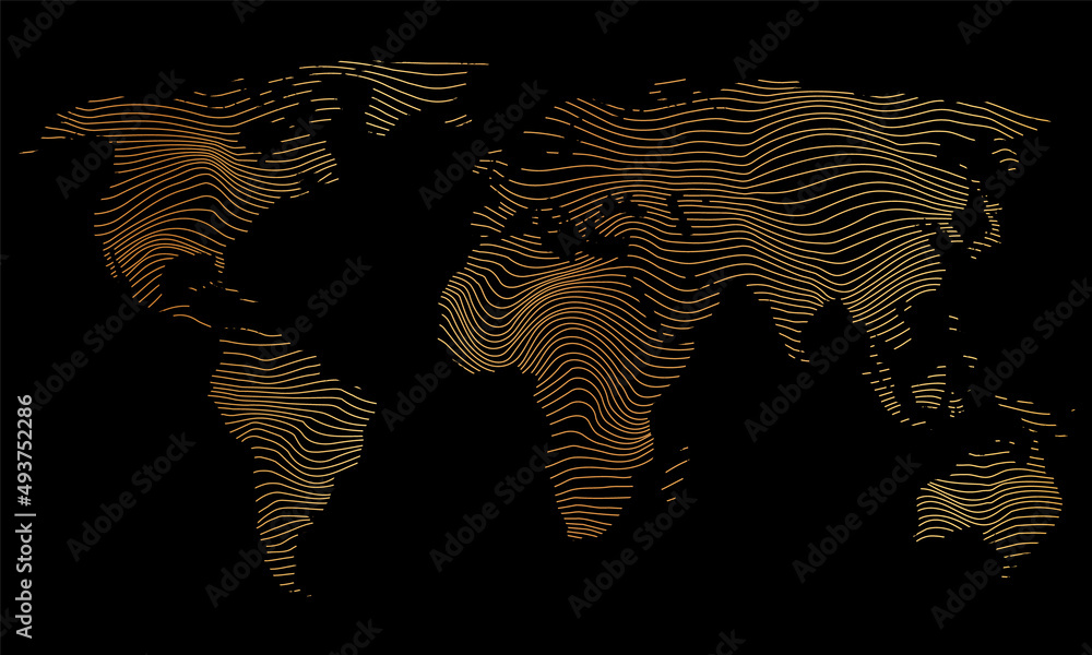 vector illustartion of striped gold colored world map on black ...