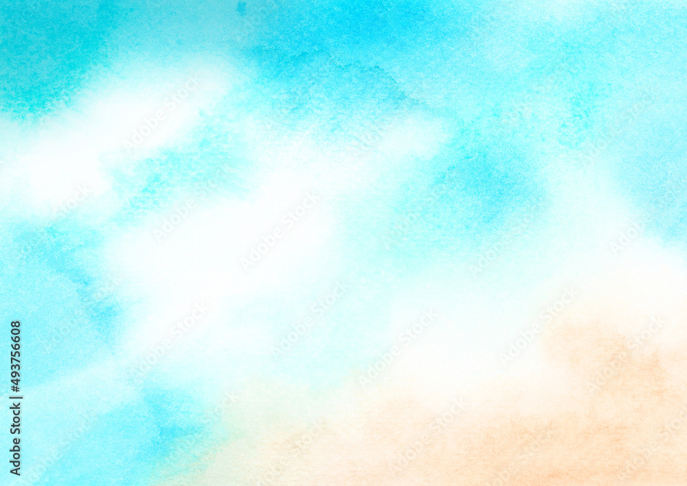 Watercolor painting blue ocean wave on sandy beach background. Abstract ...