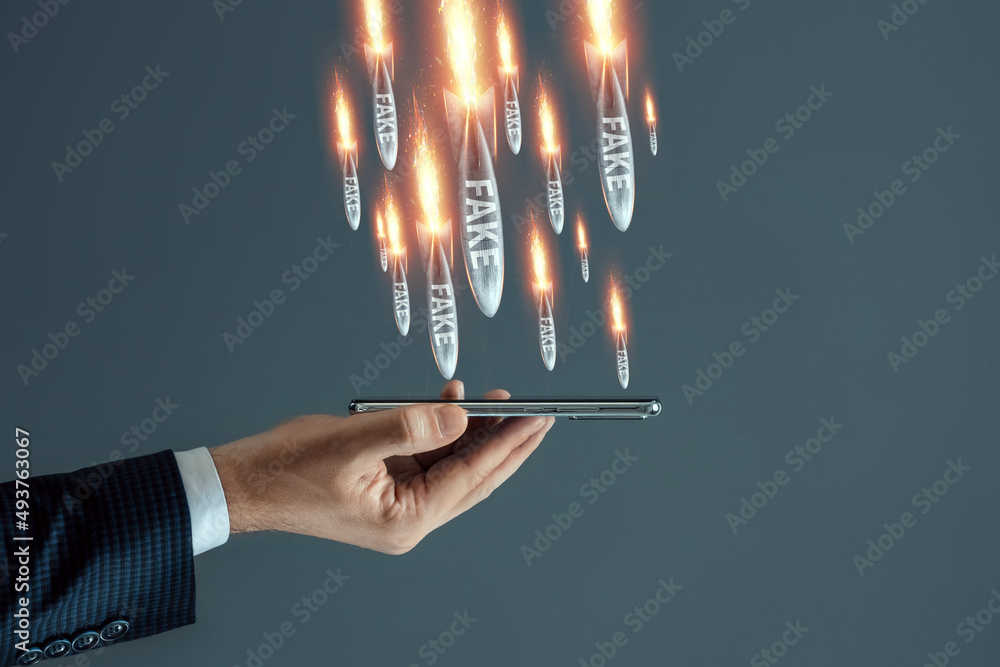 Fake news, false information fly into a person. Information war, hybrid ...