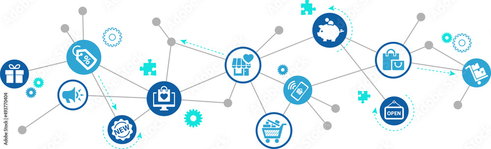 Shopping / retail vector illustration. Blue concept with icons related ...