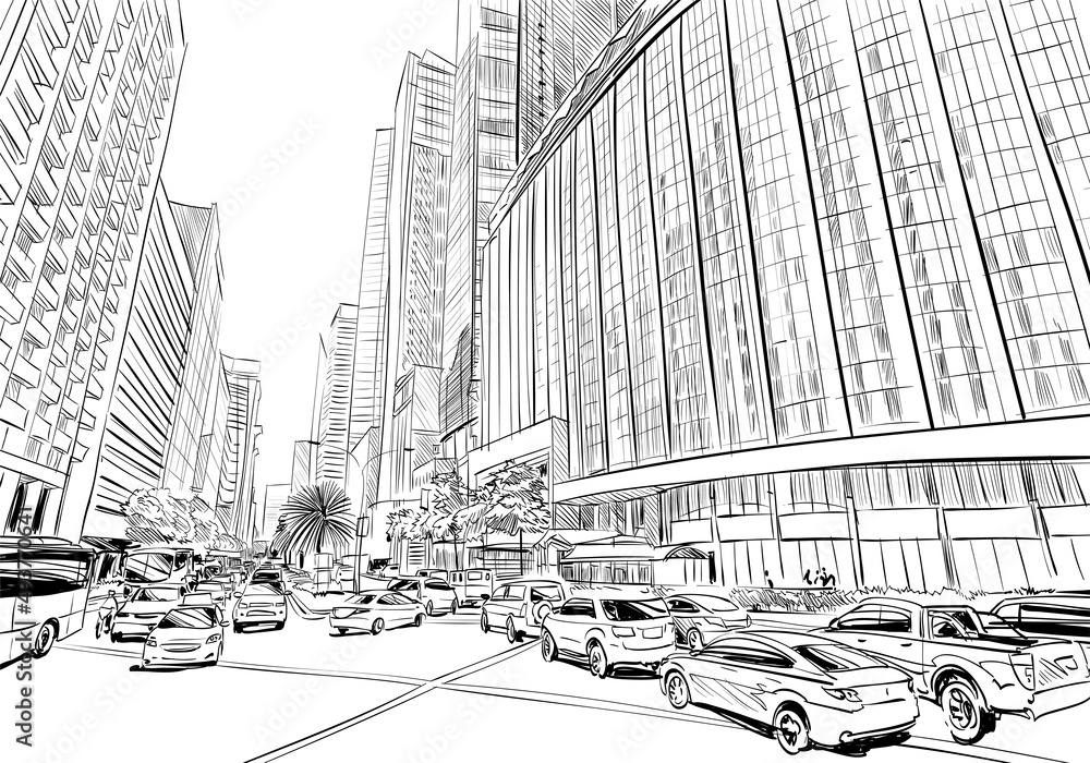 Makati. Manila. Philippines.Urban sketch. Hand drawn vector ...
