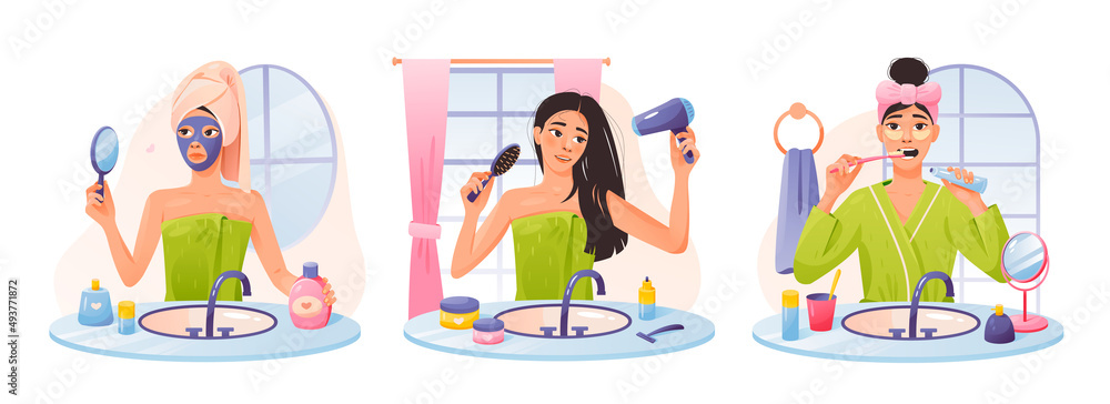 Morning hygiene collection. Young girl during daily hygiene. A set of ...