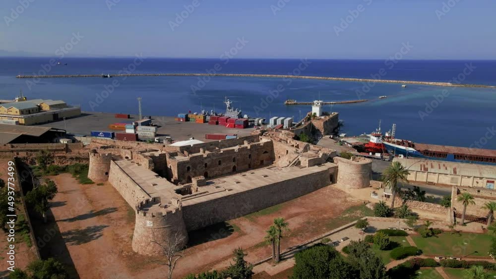 Aerial 4k Othello Castle medieval building in Famagusta Walled City in ...